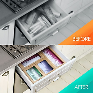 Storage Bag Organizer for Kitchen Drawer Organization, Bamboo Ziplock Bag Organizer for Drawer, Plastic Bag Organizer, Compatible with Quart Sliders, Snack & Sandwich Bag Organizer, Food Baggie Holder