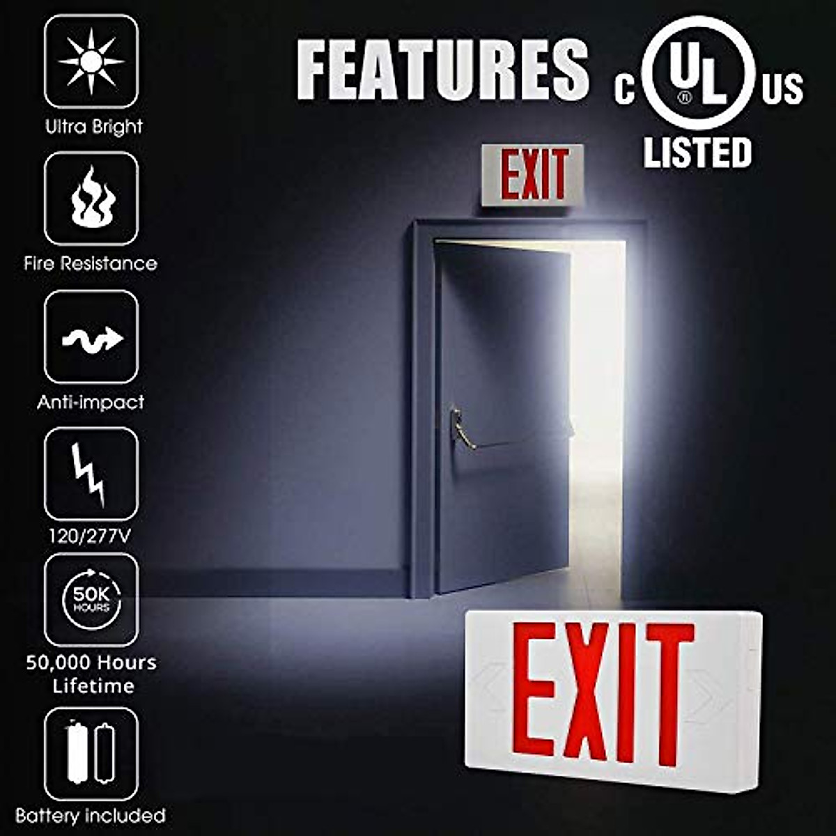 4 Pack Red LED Exit Sign Light - Standard - 90 Minutes Battery Backup, Dual LED Lamp ABS Fire Resistance UL-Listed (4)