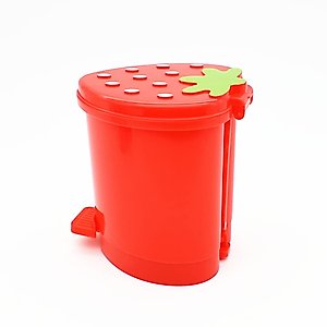 Mini Desktop Wastebasket with Lid Small Strawberry Countertop Trash Can Tiny Plastic Garbage Bin for Office Bathroom Bedroom Makeup Waste Red