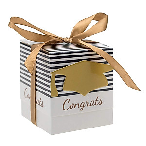 JANOU Graduation Gift Paper Candy Boxes DIY Congrats Cap Stripes Cardboard Sweet Boxes with Ribbons for Graduation Ceremony Party Favors Pack 24pcs