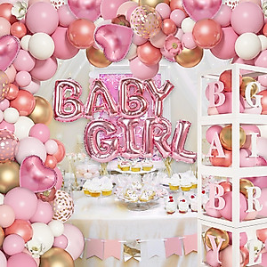 Amandir 137PCS Baby Shower Decoration for Girl Rose Gold Pink Balloon Garland Kit 4PCS Baby Balloon Block Boxes with Letters for Birthday Party Supplies Gender Reveal Decor