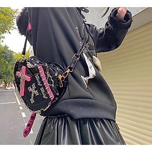 Gothic Heart-shaped Zip Chain Crossbody Bag Kawaii Wallet Y2k Shoulder Bag Y2k Fashion Y2k Purse (Black)