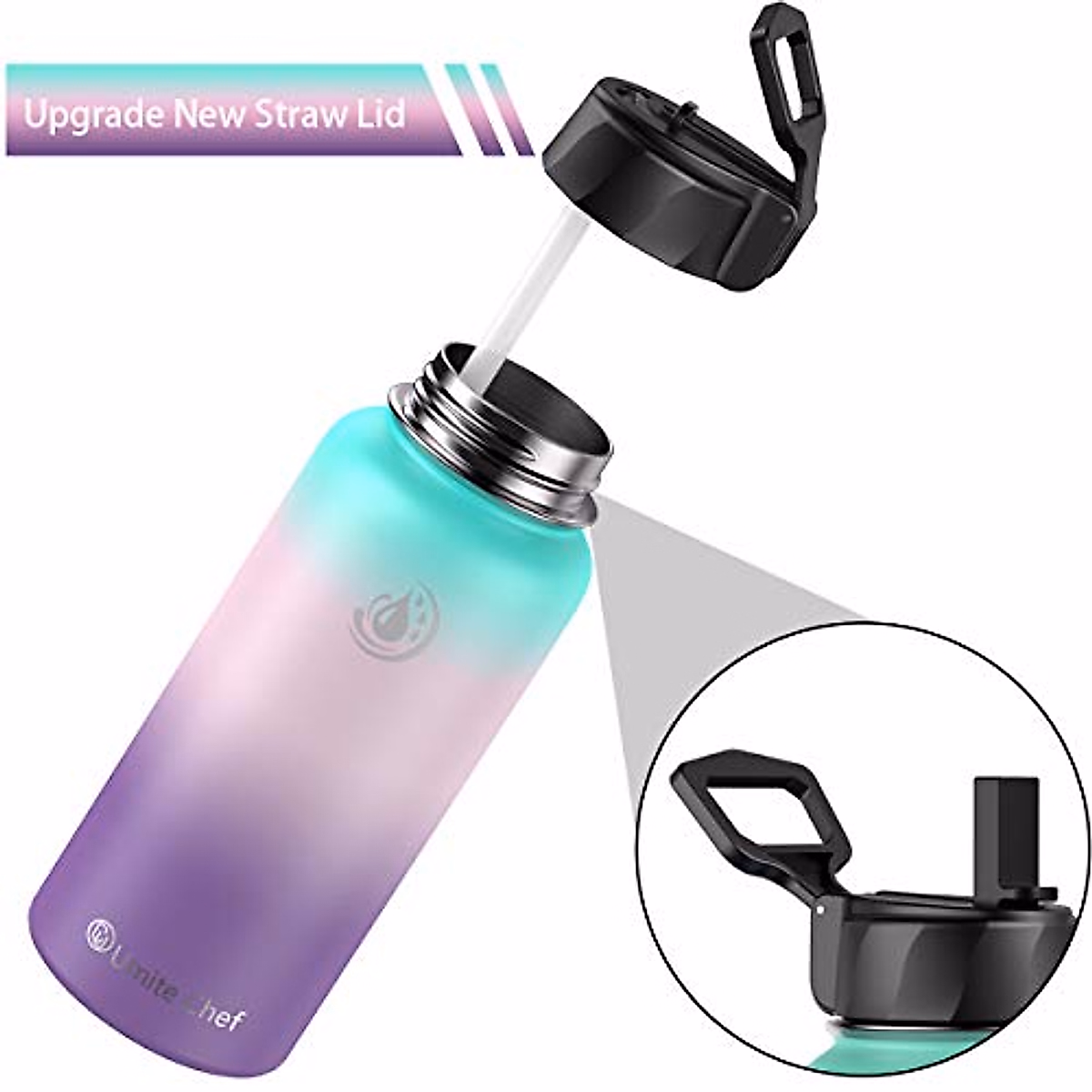 Umite Chef Sports Water Bottle with New Wide Handle Straw Lid, Vacuum Insulated Stainless Steel Thermos Mug, 32 oz Double Walled Wide Mouth Water Bottle ,Leak Proof, Sweat Free （Hydrangea）
