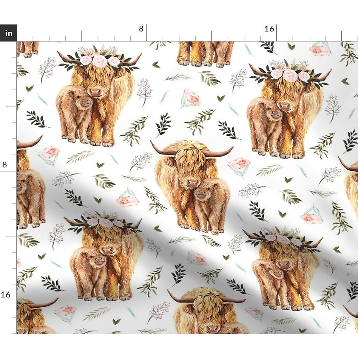 Spoonflower Fabric - Pink Spring Highland Cow Floral Calf Scottish Printed on Petal Signature Cotton Fabric Fat Quarter - Sewing Quilting Apparel Crafts Decor