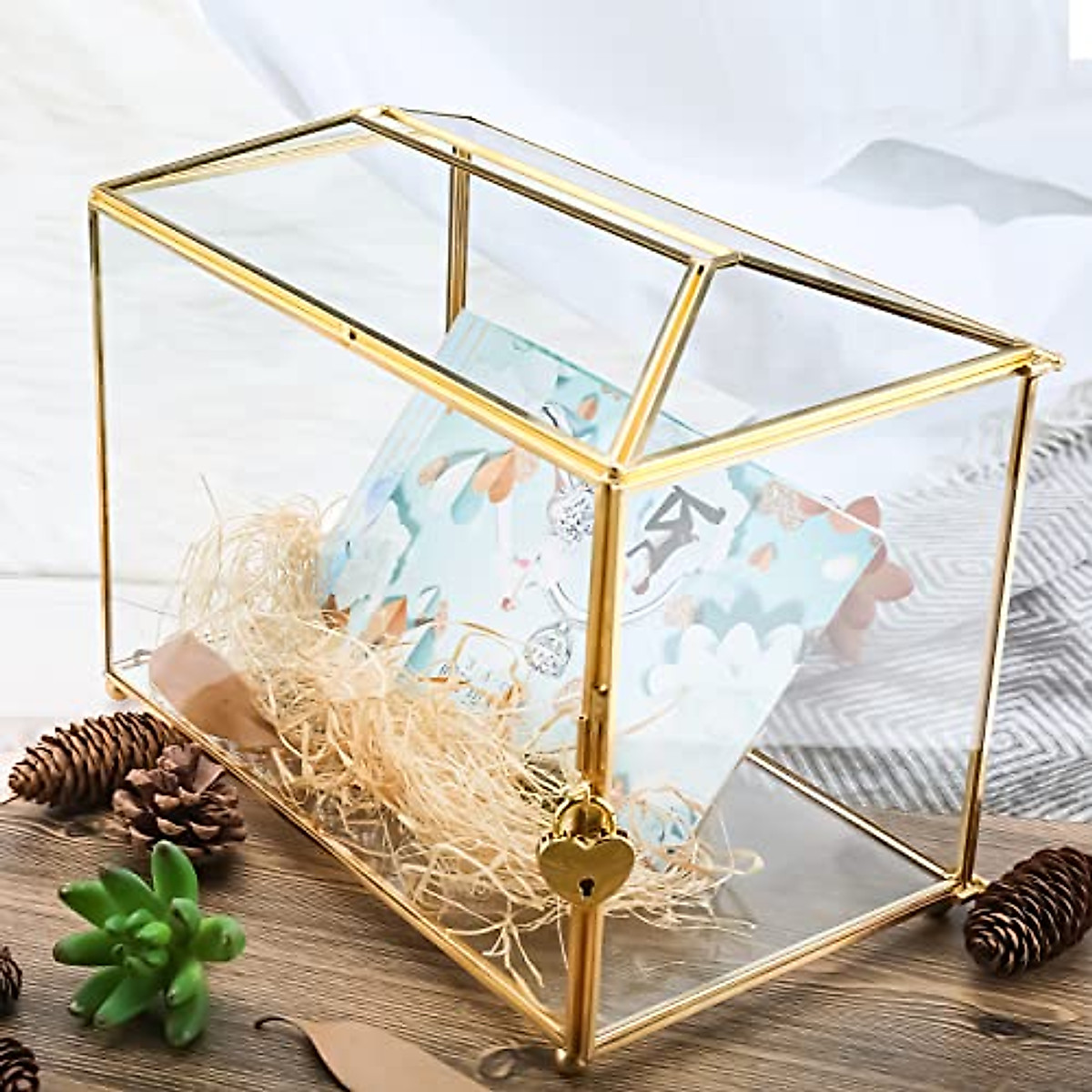 HighFree 10.2" Glass Wedding Card Box with Slot & Lock, Handmade Copper Gold Geometric Terrarium, Clear Display Box for Wedding Reception, Wishwell, Keepsake