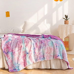 NEWCOSPLAY Super Soft Faux Fur Throw Blanket for Couch Purple Rainbow Sherpa Fuzzy Plush Warm Blanket for Sofa Bed (Purple Rainbow, Throw(40"x50"))