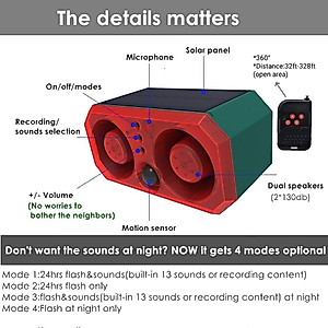 HULPPRE Solar Outdoor Motion Sensor Alarm-13 Sounds Including Dog Barking&Gunshot,2*130db Loud Noise Maker,+/-Volume,4 Modes,Support Recording,Strobe Light with USB,Say Goodbye to The Intruders