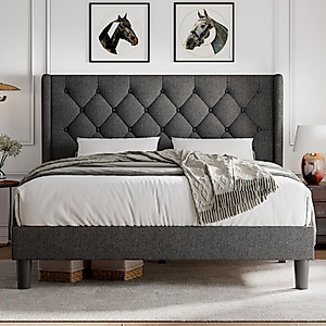 iPormis Full Size Platform Bed Frame with Button Tufted Headboard, Upholstered Bed Frame with Solid Wooden Slats, 8" Underbed Space, No Box Spring Needed, Noise Free, Easy Assembly, Dark Gray