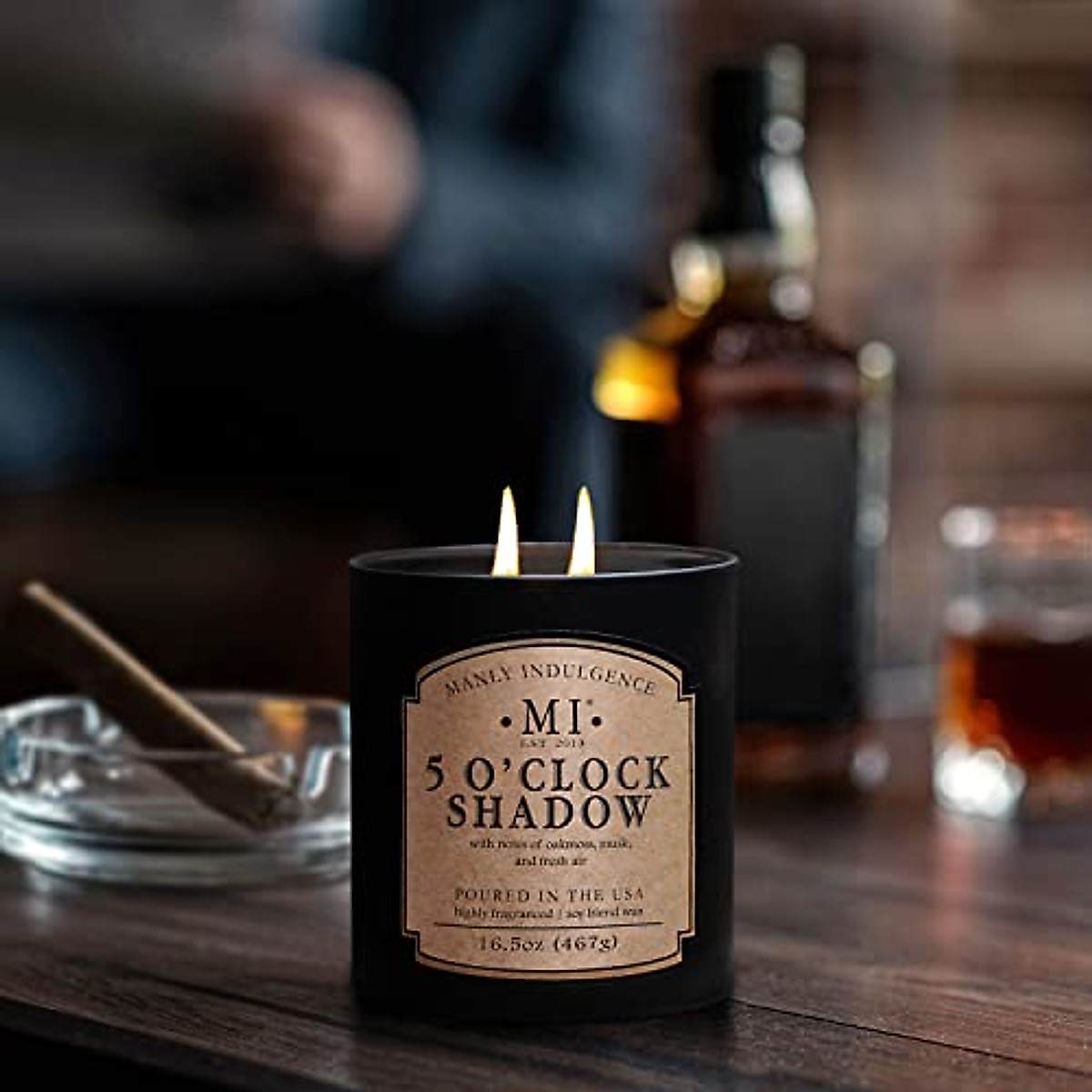 Manly Indulgence 5 O'Clock Shadow Scented Candle for Men 16.5 oz | 2 Wick & 2X Intense Fragrance | Oakmoss, Musk & Fresh Air | Up to 60 Hour Burn, Soy Blend Wax, USA Poured, Black