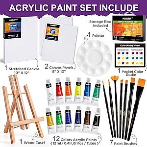 MERRIY Paint Set,25-Piece Painting Supplies Kit with Tabletop Easel, 12 Colors Acrylic Paints,10"x 12"Stretched Canvas,Paint Brush Set, Premium Acrylic Painting Set for Adults Artists