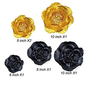 IGUO 3D Paper Flowers Gold Black Graduation Craft Paper Flowers,6PCS Paper Pom Pom Backdrop Photo Booth for Baby Shower Decor Centerpiece Wedding Birthday School Party Idea