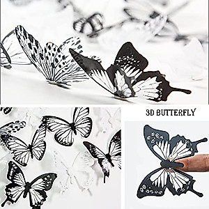 Aulynp 72Pcs Butterfly Wall Decor Stickers Glitter Removable 3D Mural Butterflies for Home Decoration Living Room Kids Bedroom Wall Decals Party Birthday Wedding with Adhesive Dots Black White