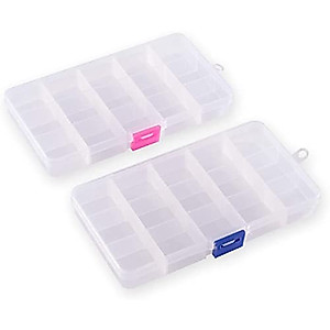 YukaBa 2 Pack 15 Grids Plastic Small Crafts Storage Boxes with Adjustable Dividers (6.7" × 3.9" x 1")