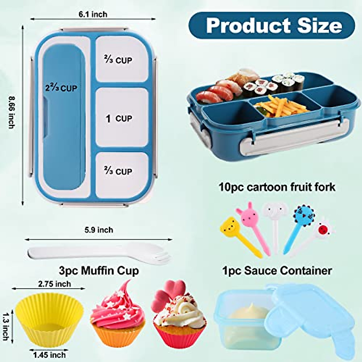 Bento Lunch Box for Kids,Bento Box Adult Lunch Box Containers,1300ML-4 Compartment Lunch Containers for Kids/Adults,with 7 Cake Cups 10 Food Picks,BPA-Free,Microwave Dishwasher Freezer Safe (Blue)