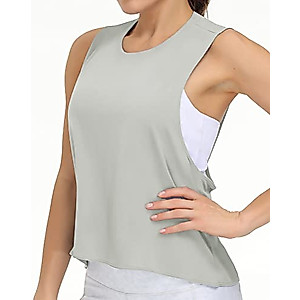 THE GYM PEOPLE Women's Open Cross Back Workout Tank Tops Loose Fit Sleeveless Yoga Running Shirts Light Grey