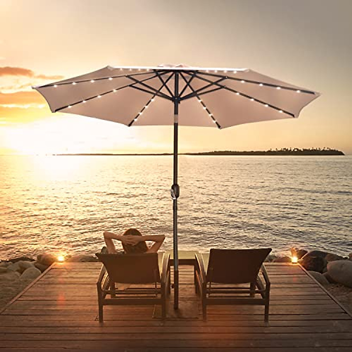 JMEXSUSS 9ft Patio Umbrella with Solar Lights, 32 LED Lighted Umbrella Outdoor Patio Table Umbrella, 8 Ribs Market Umbrella w/Tilt Adjustment and UV-Resistant Fabric, Khaki