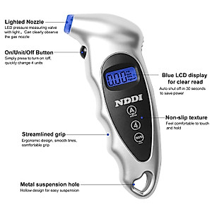 NDDI 2 Pack Digital Tire Pressure Gauge, 150 PSI 4 Settings Car Truck Bicycle Backlit LCD Non-Slip Grip, Gray and Red.