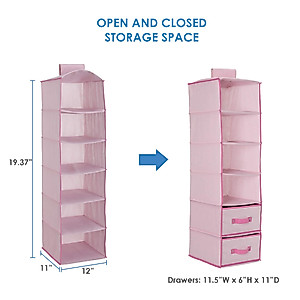 Delta Children 6 Shelf Hanging Wall Storage with 2 Drawers - Easy Storage/Organization Solution- Holds Sweaters, Shirts, Pants, Accessories & More - Movable Drawers Allow for Customization, Pink