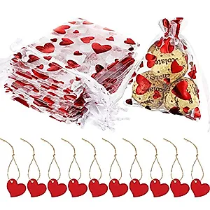 120 Pieces Valentines Day Red Heart Organza Bag Heart Shape Present Candy Bag Jewelry Packaging Wedding Pouch Valentine Drawstring Bag Forfestival Party with 10 Heart Shaped Hang Tags
