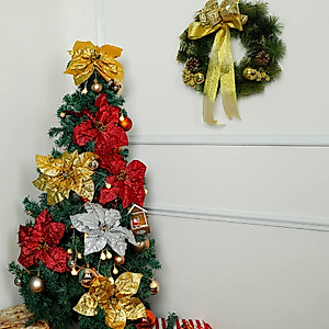 Nubry 10pcs Artificial Poinsettia Flower Heads with 2pcs Stems Fake Red Christmast Decoration Faux Flowers Bouquet for Christmas Tree Home Garden Decor (5-Red-11in)