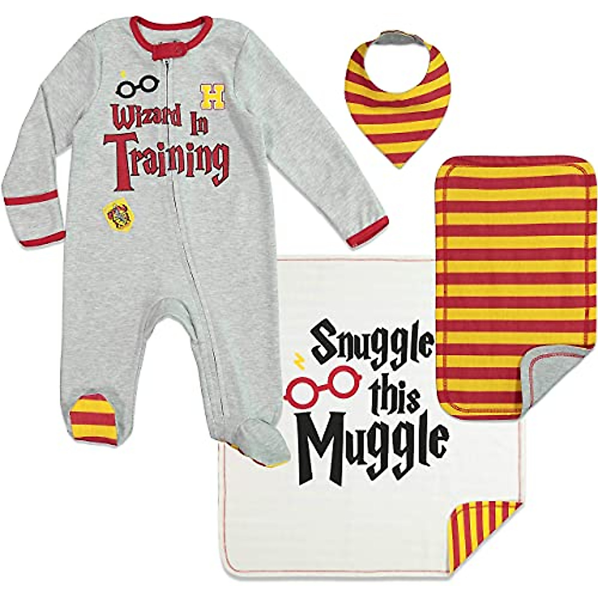Harry Potter Newborn Baby Boy or Girl Zip Up Sleep N' Play Coverall Bib Blanket and Burp Cloth 4 Piece Outfit Set 6-9 Months