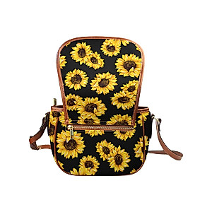 InterestPrint Sun-flower Pattern on Black Women Crossbody Bag Saddle Shoulder Bag Small Purse Satchel