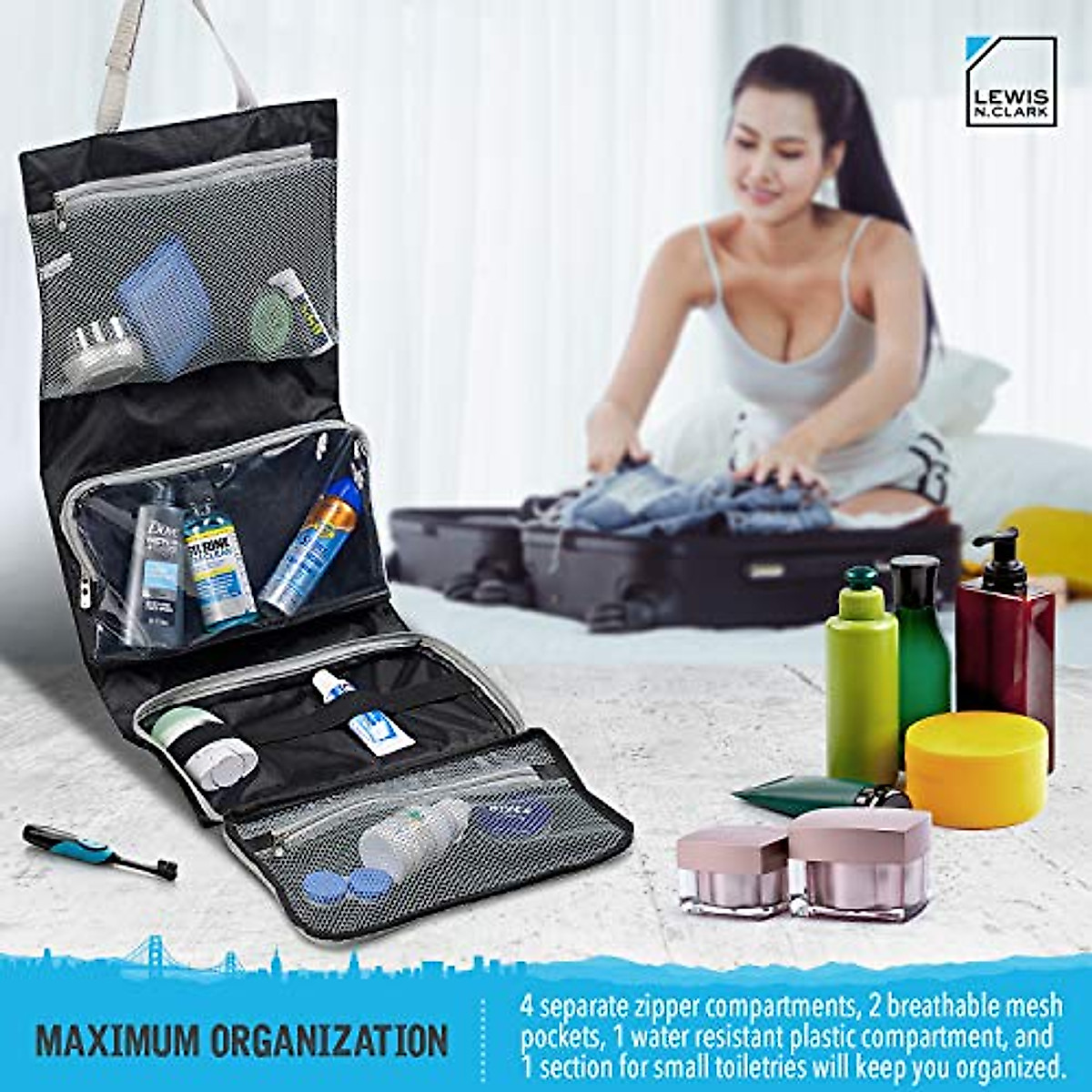 Lewis N. Clark Hanging Toiletry Bag for Travel Accessories, Shampoo, Cosmetics + Personal Items with Waterproof Compartment and Folding Design,Black