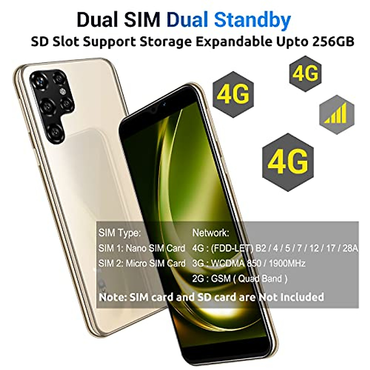 Xgody X60 4G Unlocked Phones, 6'’ QHD Waterdrop Screen Dual Sim Unlocked Cell Phones, Quad-core 2GB+16GB Smartphones, 3000mAh Battery, Face Unlock, AI Camera 5MP+5MP Cheap Android Phone (Gold)