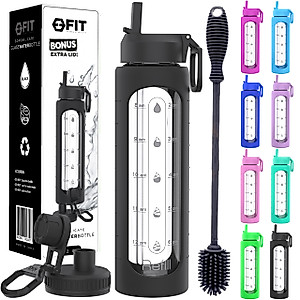 32 oz Glass Water Bottle with Straw Lid, Time Marker, Sleeve, & Brush - Motivational, Wide Mouth, Large BPA-Free 1 L Glass Water Bottle, Glass Drinking Bottle, Waterbottle (Black Sleeve, with Brush)