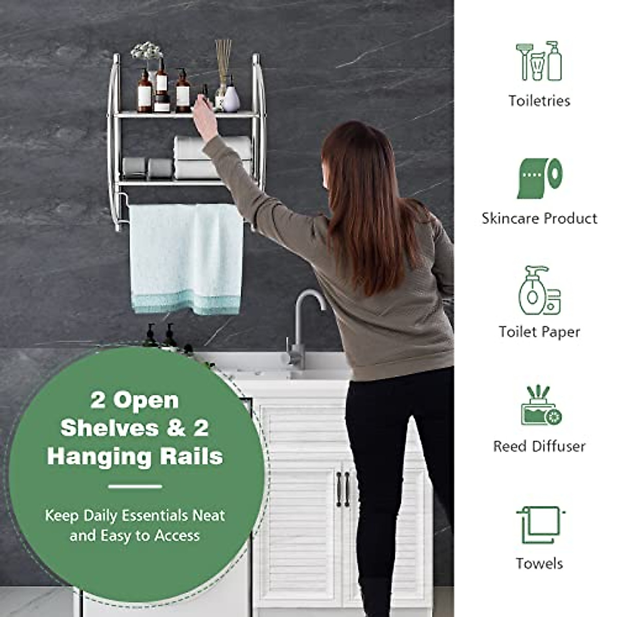 Safstar Wall Mounted Bathroom Shelf, 2-Tier Metal Bathroom Towel Rack w/Leaky Design Shelves & Towel Bars, Chrome Bathroom Shelf for Living Room Kitchen Bathroom, 18"W X 10"D X 22"H, Silver