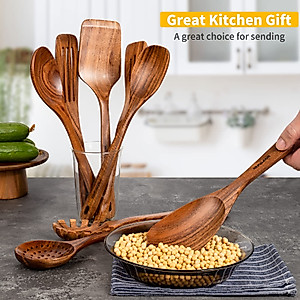 Wooden Spoons for Cooking, 8 PCS WOSPONFAN Kitchen Utensils Set, Wooden Utensils for Cooking - Wooden Spoons, Spatula Set, Slotted Spoon, Handmade Acacia Wooden Spoon Set