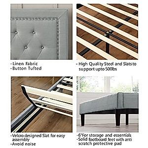 Twin Upholstered Platform Bed Frame with 48" Tall Adjustable Headboard - Button Tufted Linen Velour Bed - Wood Slat Support with Storage Space - No Box Spring Needed - Grey - Oliver & Smith - Berlin