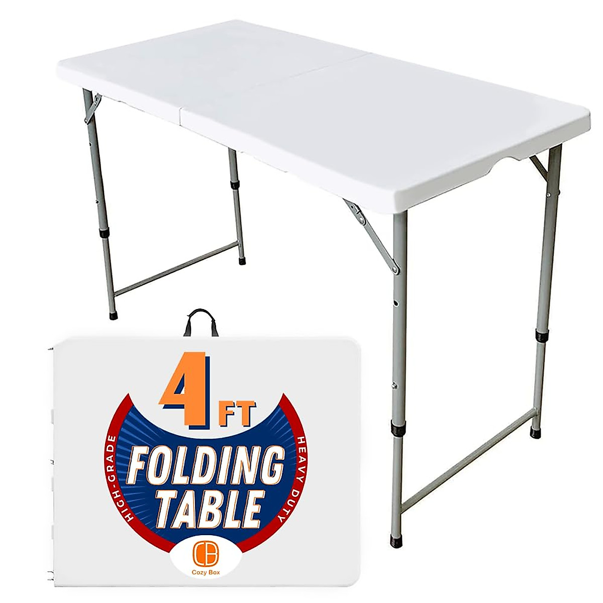 CozyBox Folding Table Indoor Outdoor Heavy Duty Portable Folding Plastic Dining Table w/Handle, Lock for Picnic, Party, Camping - White (4ft, 6ft, 8ft) (4ft)