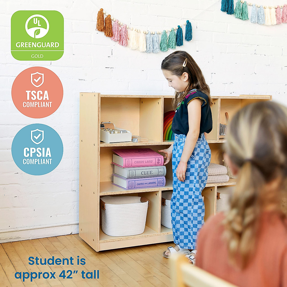 ECR4Kids 8-Compartment Mobile Storage Cabinet, 36in, Classroom Furniture, Natural