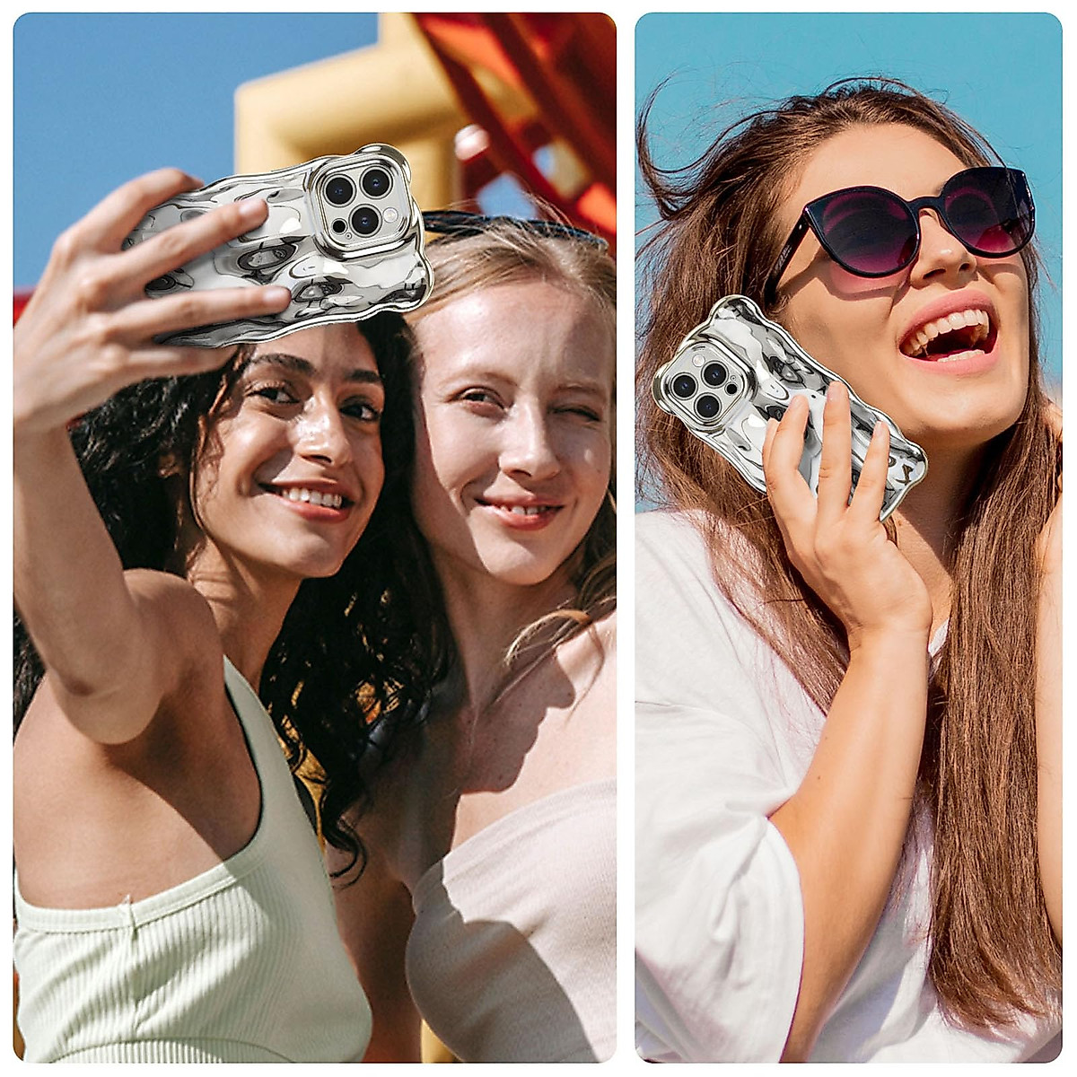 UEEBAI Ripple Case for iPhone 14 Pro Max, Cute Silver Cover Wave Shape for iPhone Case Pretty Aesthetic 3D Phone Cover, Water Ripple Shell 3D Chrome Design for Women and Girl, Silver