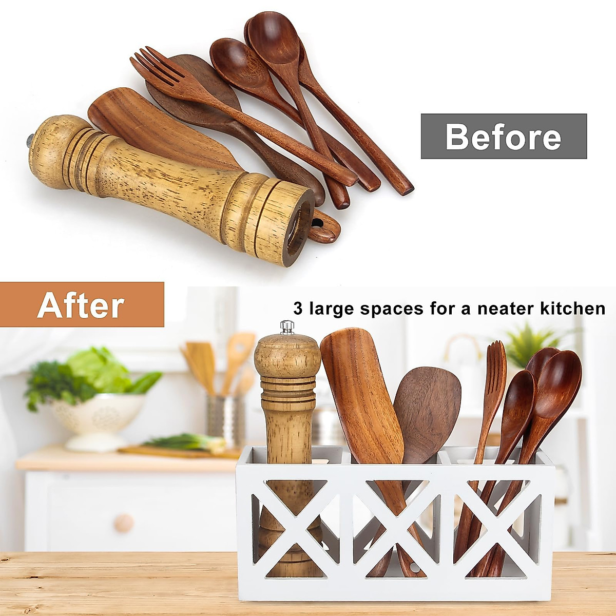 Wooden Cutlery Silverware Holder Flatware Utensil Caddy Wood Silverware Organizer Storage Containers for Kitchen Countertop, Forks, Spoon, Knives Kitchen Utensil Holder White Silverware Caddies