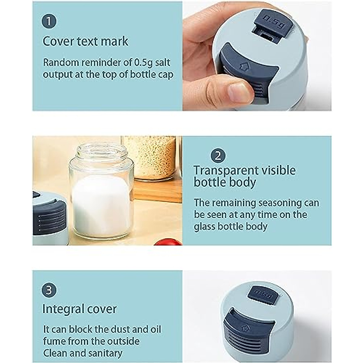 Metering Salt Shaker, Measuring Seasoning Bottle, Salt and Pepper Shakers Precise Quantitative Push Type,Press Type Glass Metered Salt Dispenser. (Blue)