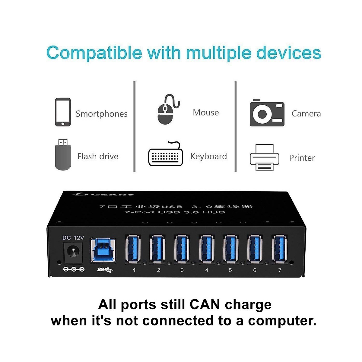 GEKRY USB 3.0 Hub, USB Data Hub, Metal Case Mountable 7-Port Powered USB Hub 3.0 with 36W AC Adapter-Type A