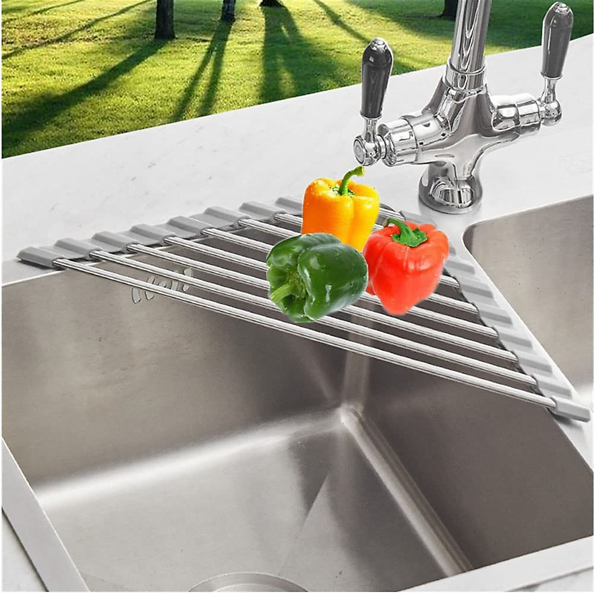 Acykroyee Anti-Rust Stainless Steel Caddy Sponge Holder, Multi-Function Roll-up Drying Rack for Sink Corner Kitchen (Gray)