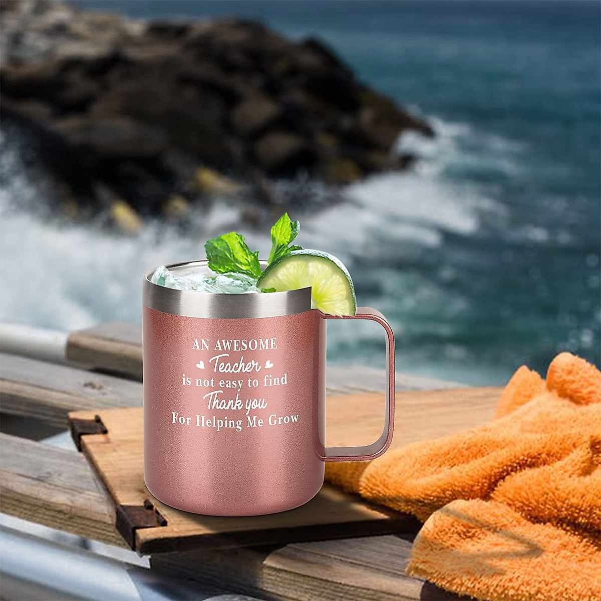 Teacher Gift - Teacher Stainless Steel Coffee Mug, Awesome Teacher Double Wall Travel Mug 12Oz, Teacher Appreciation Gift, Thank you Gift, Birthday Gift, Christmas Gift for Teachers (12Oz, Rose Gold)