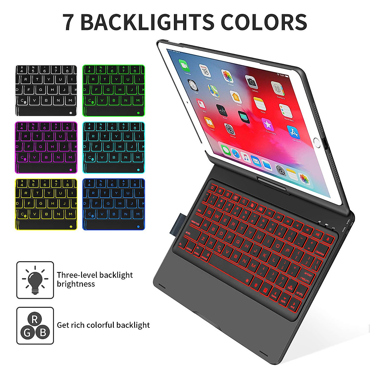 iPad Keyboard Case for iPad 6th Gen 2018, iPad 5th Gen 2017, iPad Pro 9.7, iPad Air 2, iPad Air 1, 360 Screen Rotation 7 Colors Backlight iPad Case with Keyboard - Black
