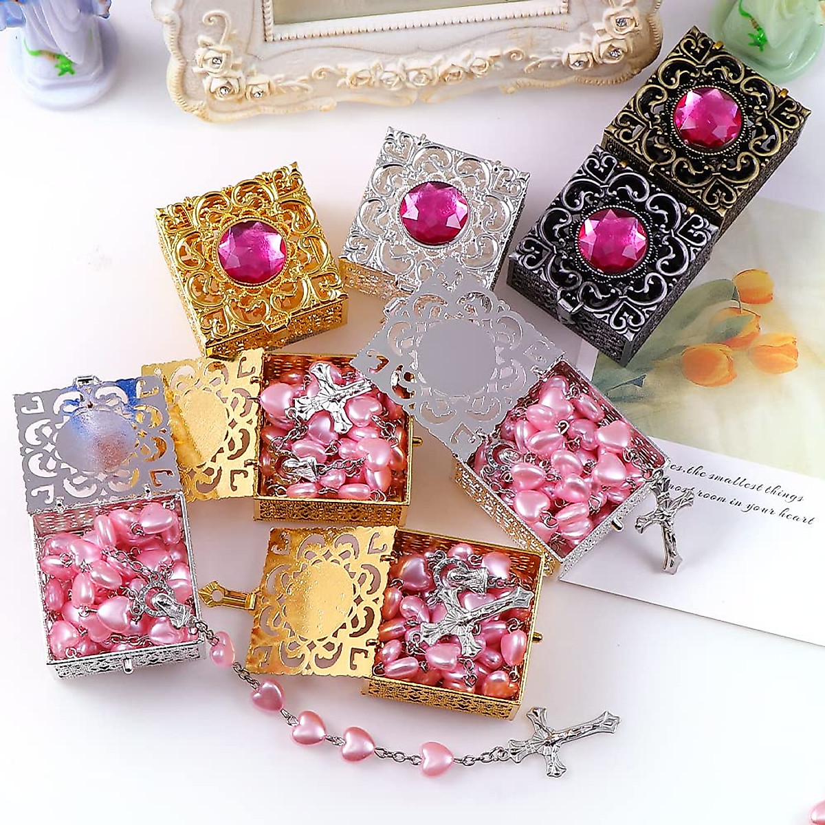 OEMOO Rosary Beads Catholic for Woman, Pink Heart Shaped Rosary Necklace, Bead Necklace First Communion Gifts for Women Catholic, Christian Gifts Catholic Gifts