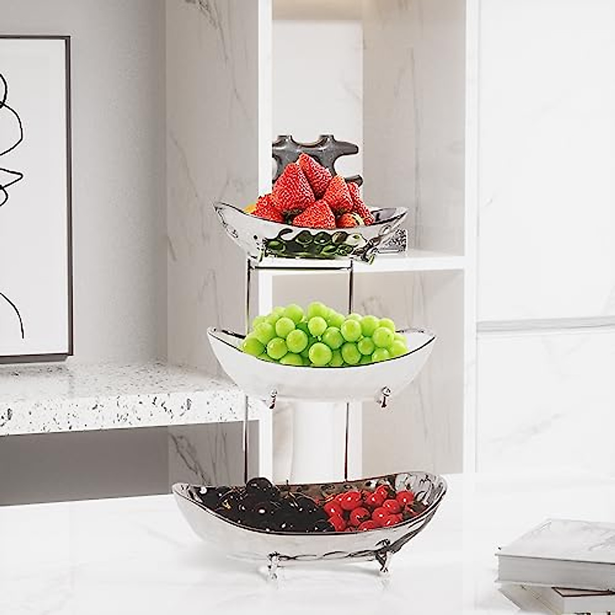 Acliys Fruit Bowl, 3 Tier Ceramic Fruit Basket, 3 Tier Serving Stand Serving Bowl with Metal Rack, Porcelain Kitchen Bowls for Fruit Vegetable Storage Snack Nuts Dessert Cake Tray for Party Wedding