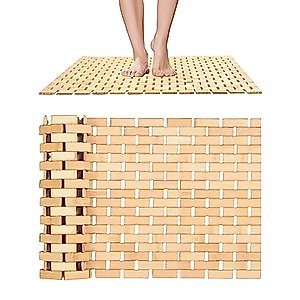 downluxe Bamboo Bath Mat for Bathroom - Waterproof Bamboo Shower Mat Non Slip, Foldable Bathroom Floor Mat for Indoor & Outdoor (Natural Color, 15" X 27", Medium)