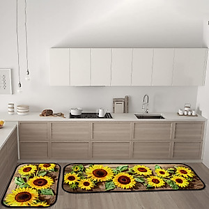 TsingZa Kitchen Rug Set Standing Mat 2 Piece Sunflower Vintage Board, Non Slip Kitchen Floor Mat, Absorbent Runner Carpets for Sink (18”x58”+18”x29”)