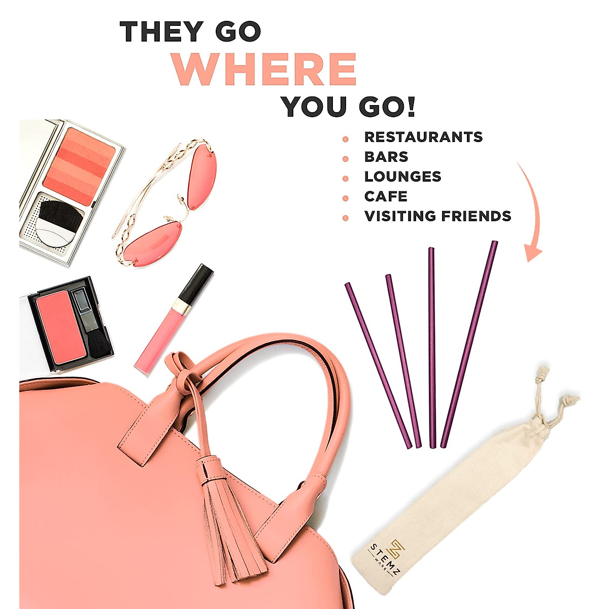 Reusable Stainless Steel Straw Set of 4 - Shorter Lengths (6.5" and 7.5") for Cocktails and Beverages. Travel Case and Cleaning Brush - Perfect for On The Go or Entertaining at Home (Purple Haze)