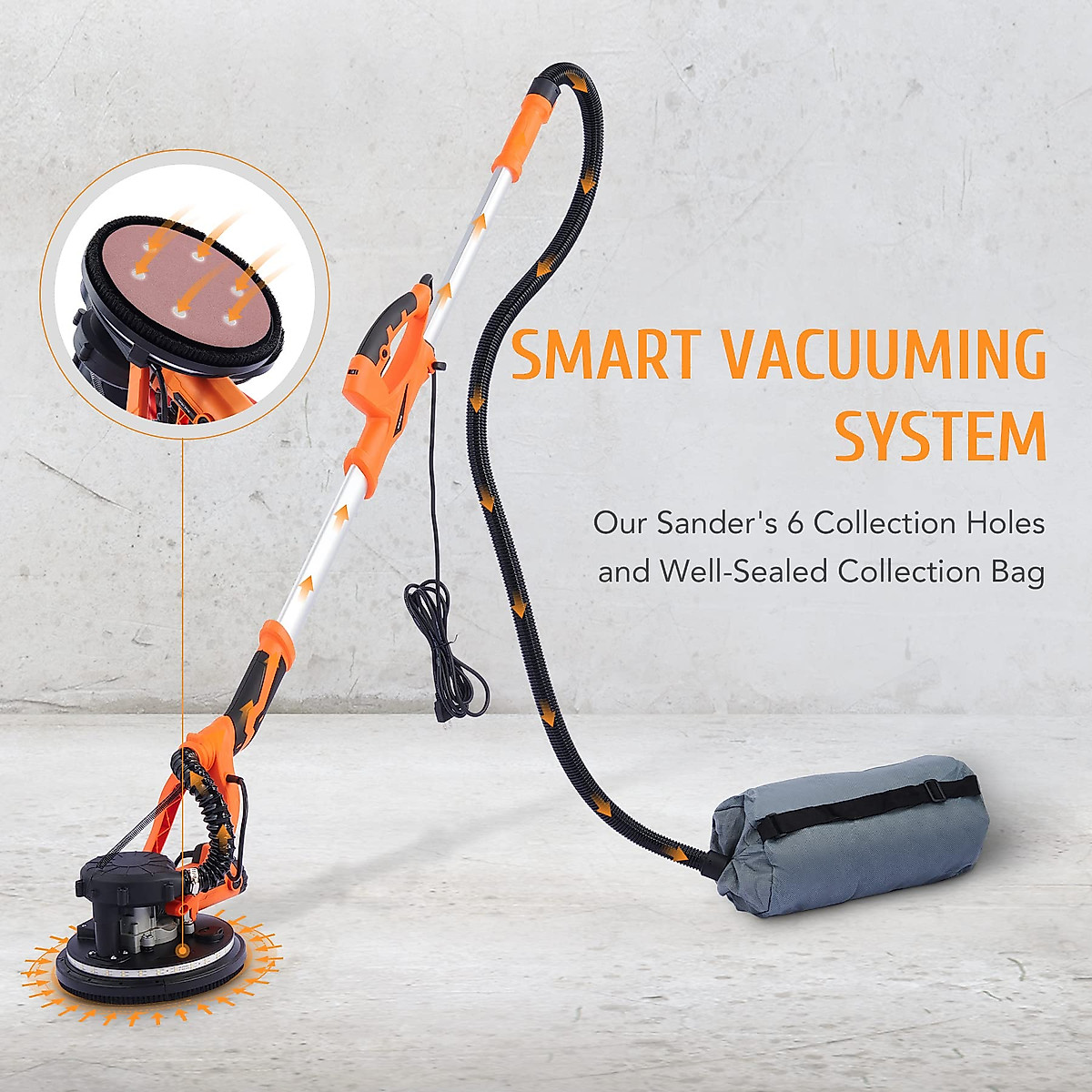 ZELCAN 850W Electric Power Drywall Sander with Vacuum Dust Collector, Swivel Head Extendable Variable 5-Speed LED High Visibility Wall Grinding Machine and 12 Sanding Discs
