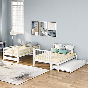 Harper & Bright Designs Stairway Twin Over Twin/Full Bunk Bed with Twin Size Trundle and Drawers, Solid Wood Bunk Bed Staircase Can be Placed on The Left or Right Side (White)