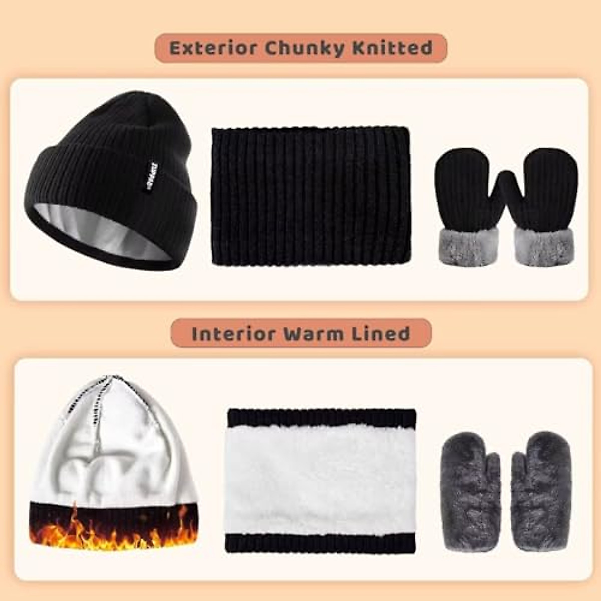 Baby Beanie Mittens Scarf Set Girls Boys, Toddler Winter Hat and Gloves Neck Warmer Set Knit Warm with Fleece Lining, Kids Cold Weather Accessories Sets for Children Infant(Black,6-36 Months)