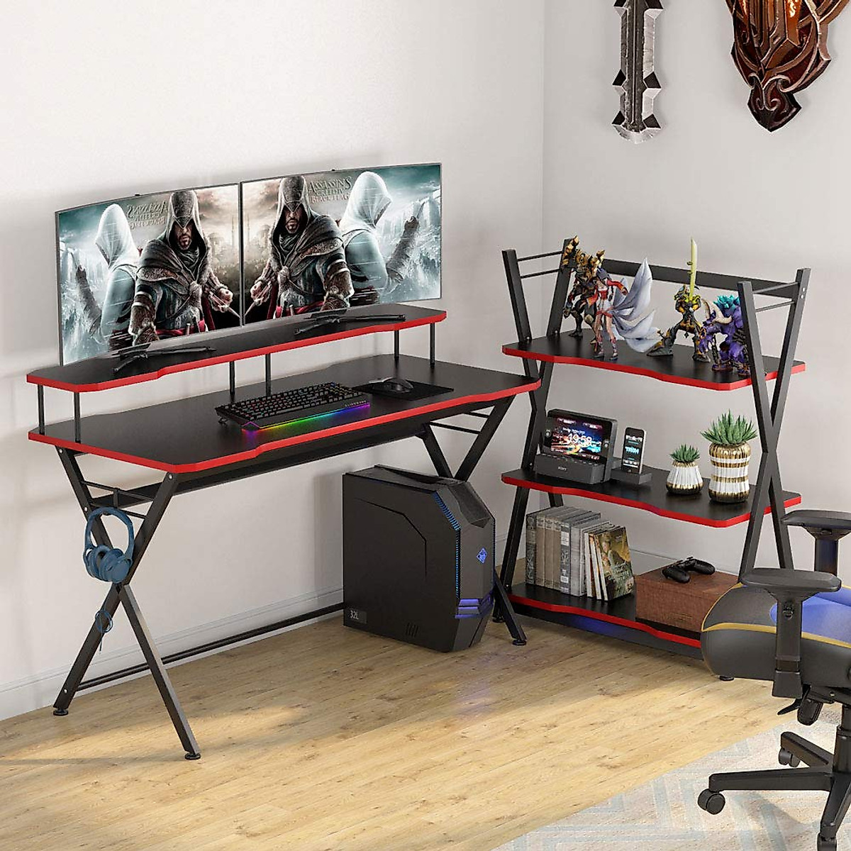 Tribesigns 55 inch Large Gaming Desk for 2 Monitors, Ergonomic PC Gaming Table Gamer Computer Desk with Monitor Stand and Headphone Hook for Home Office